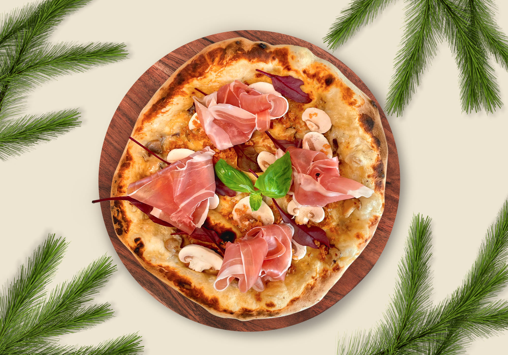 Pizza de fête à la crème de champignons et ricotta, crumble de Parmesan ...